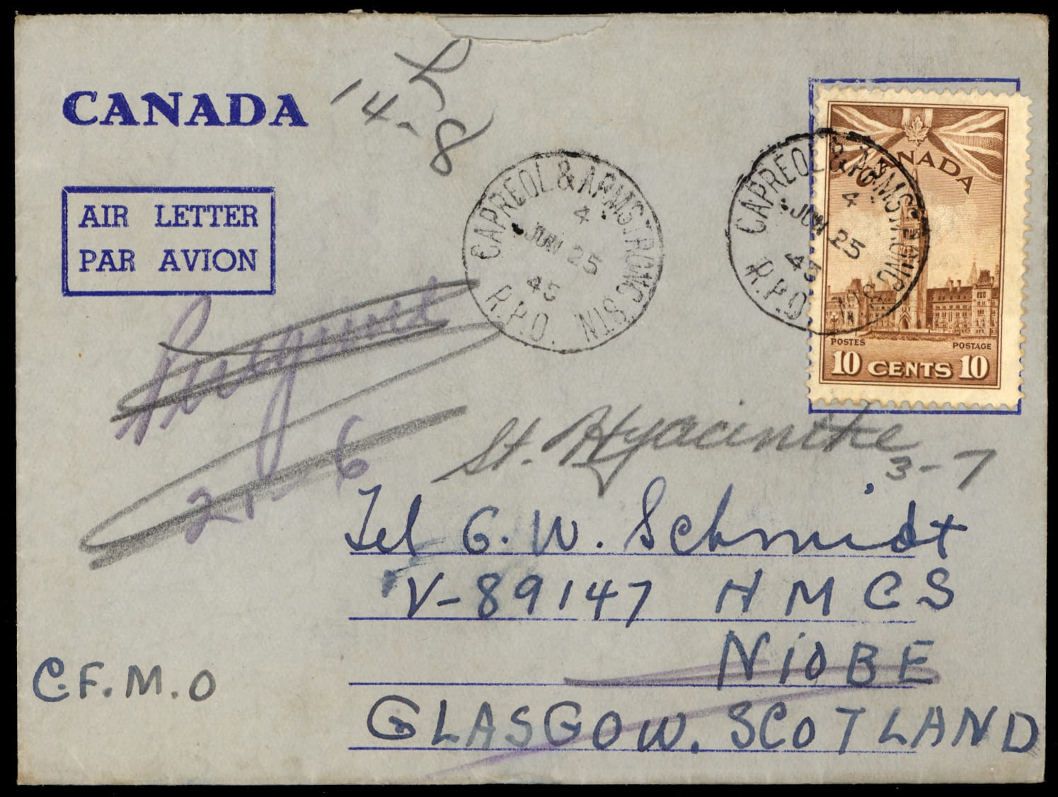 1945 10c air letter to HMCS Niobe, Glasgow, Scotland. - Longley Auctions