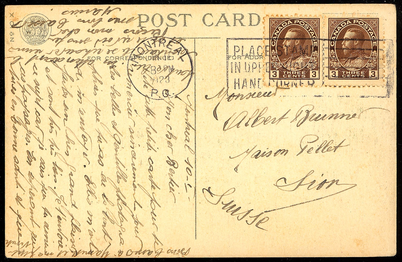 1923 6c UPU postcard to Switzerland. - Longley Auctions