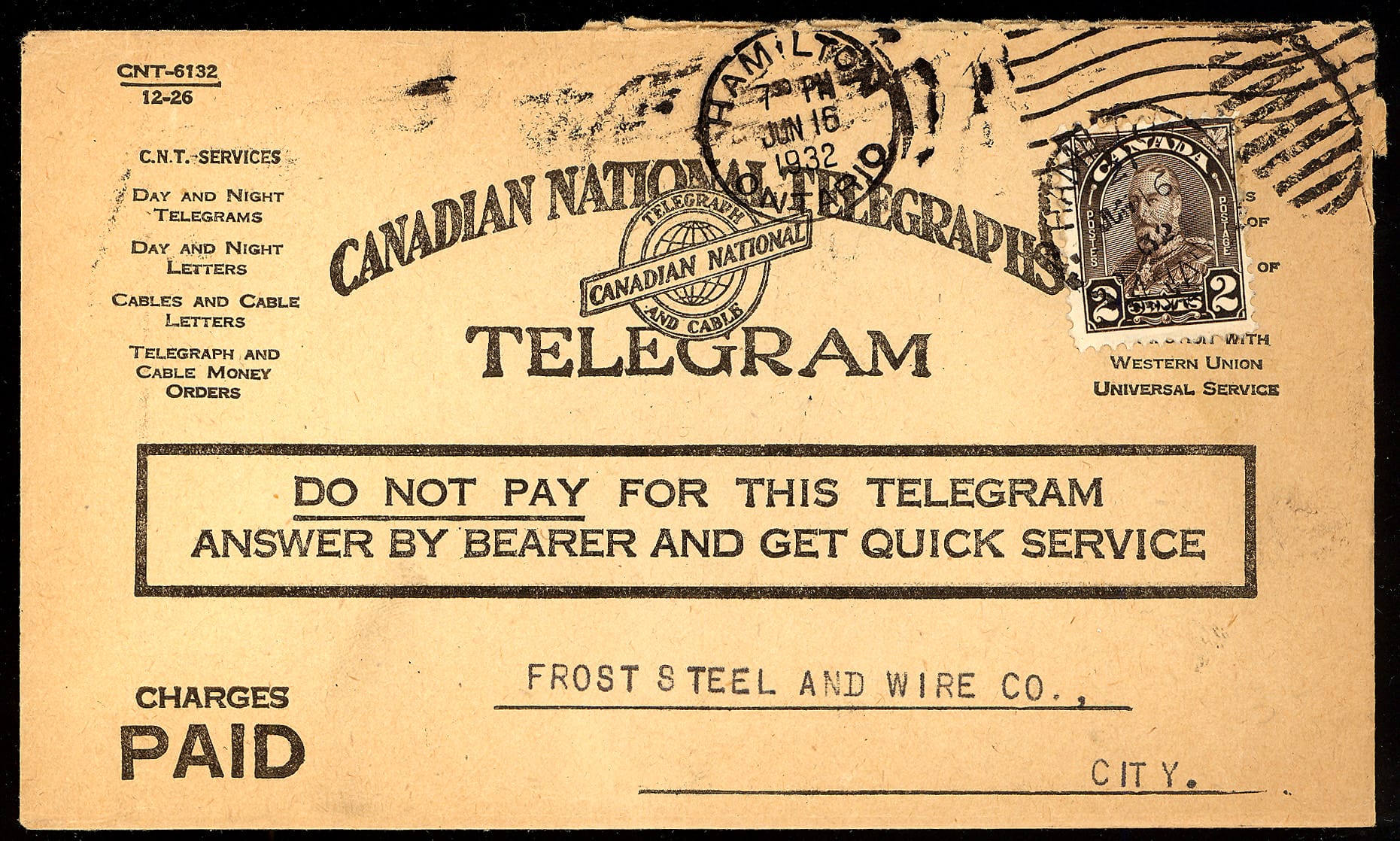 1932 Canadian National telegram, Hamilton - Longley Auctions