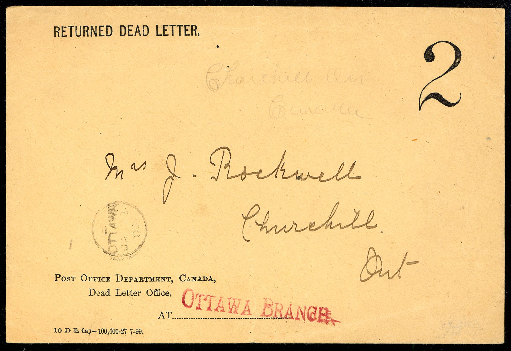 1900 DLO Ottawa to Churchill, Ontario, 2c due. - Longley Auctions