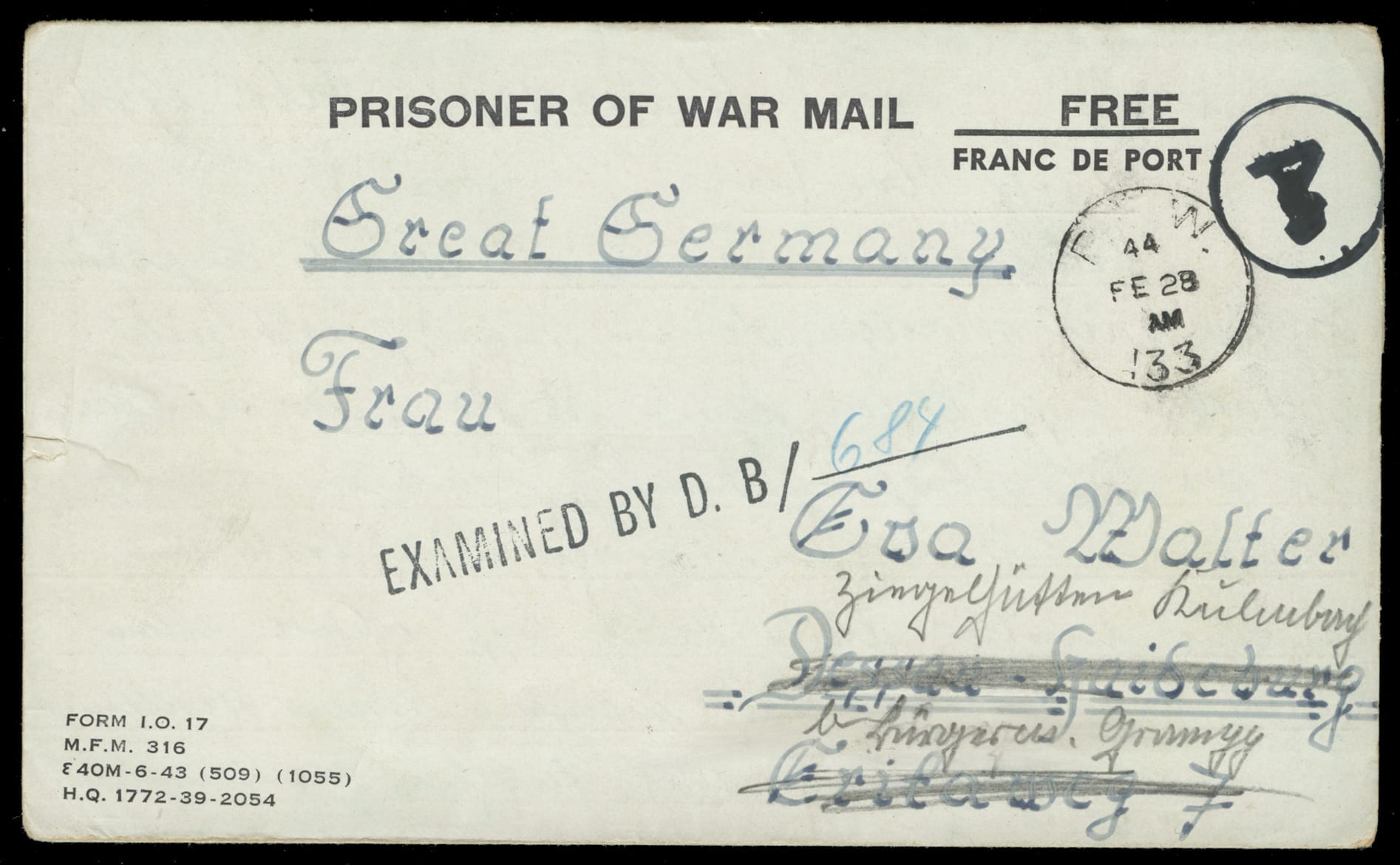1943 POW Camp 133. free internment camp letter form to Germany ...